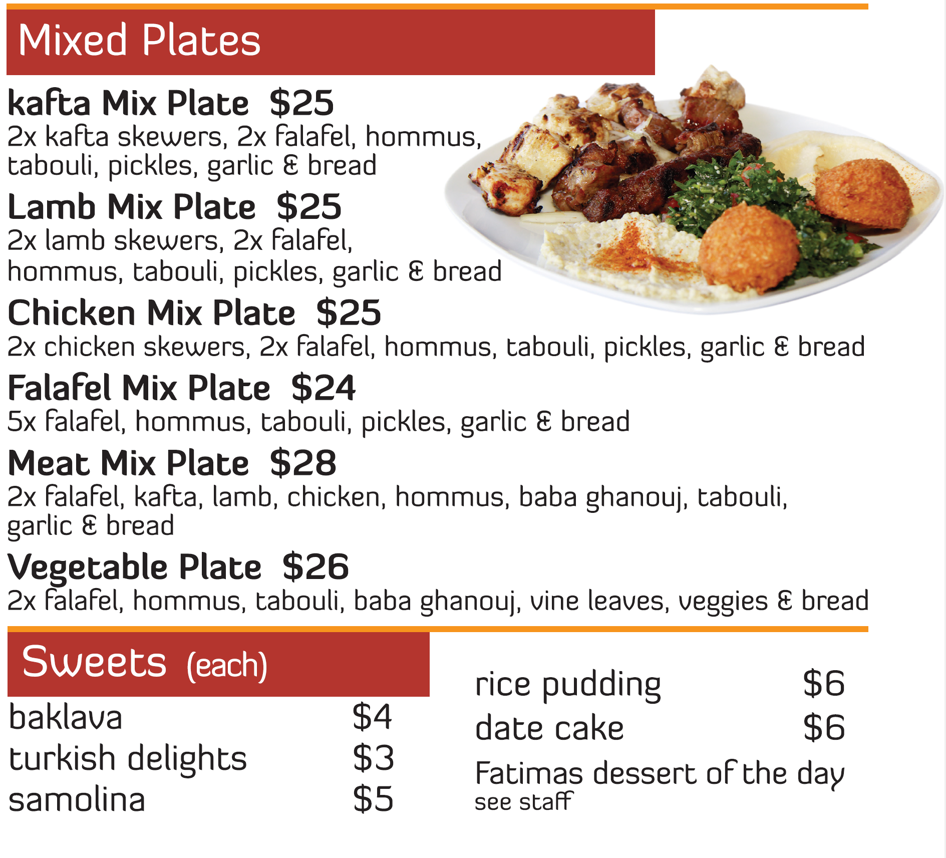 Take Away Menu | Fatima's Lebanese Restaurant